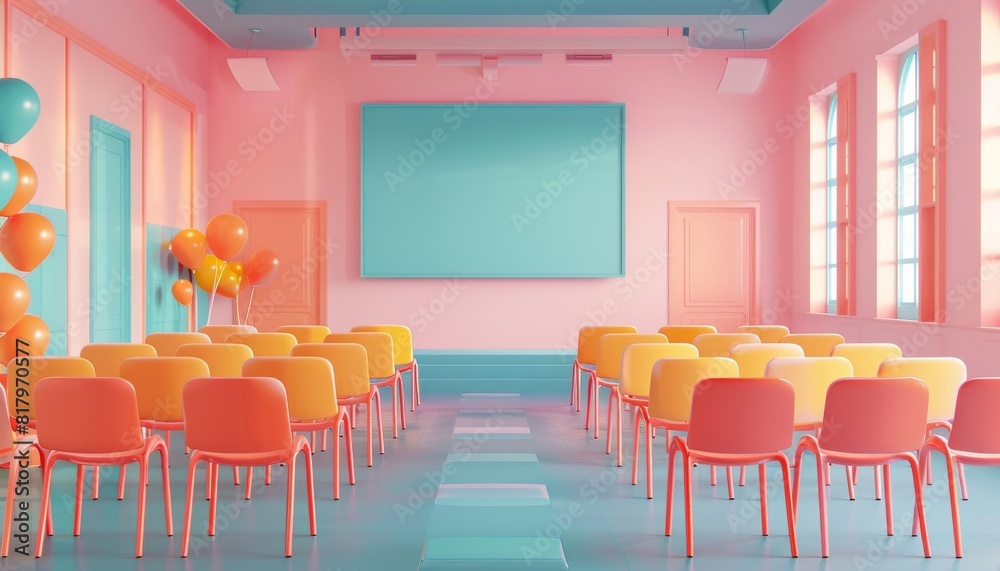 A photo of an empty classroom with pink walls and mint green floor ...