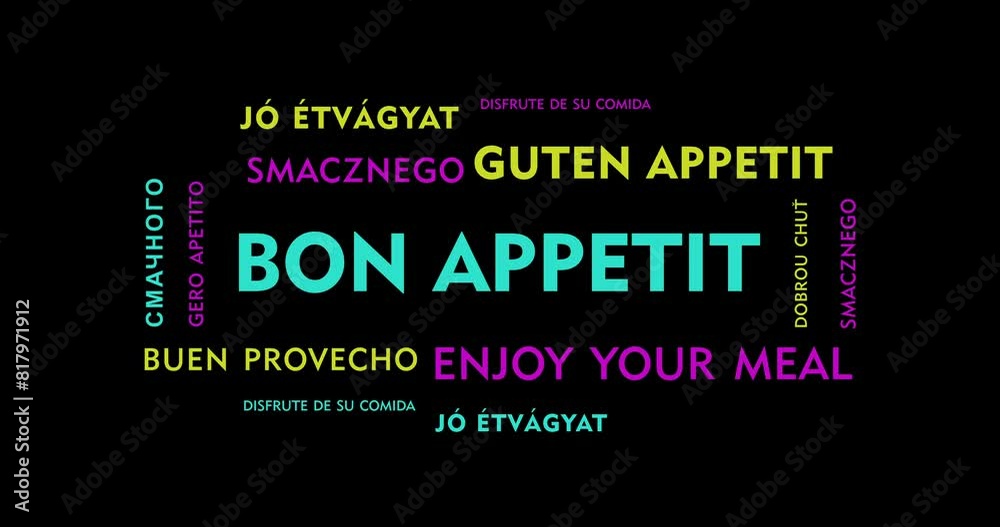 Enjoy your meal kinetic text abstract concept loop animated. Bon ...