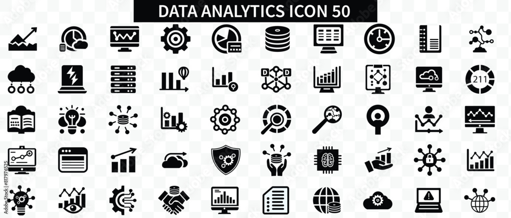 Data analytics icon set. Big data analysis technology symbol. Containing database, statistics ...