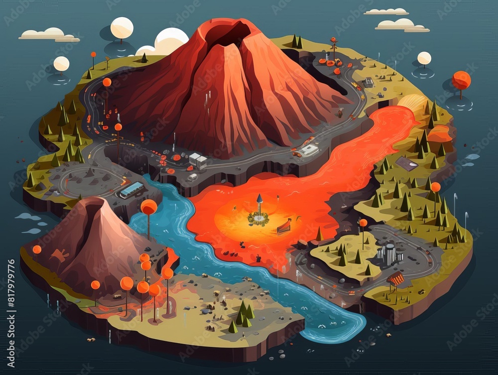 Volcanic ecosystems flat design top view geothermal interactions theme ...