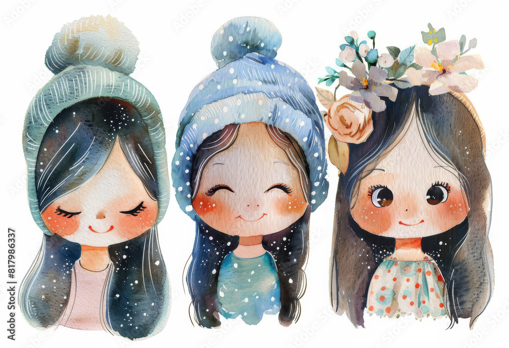 Three adorable 2D cartoon girls in different outfits and haircuts are ...