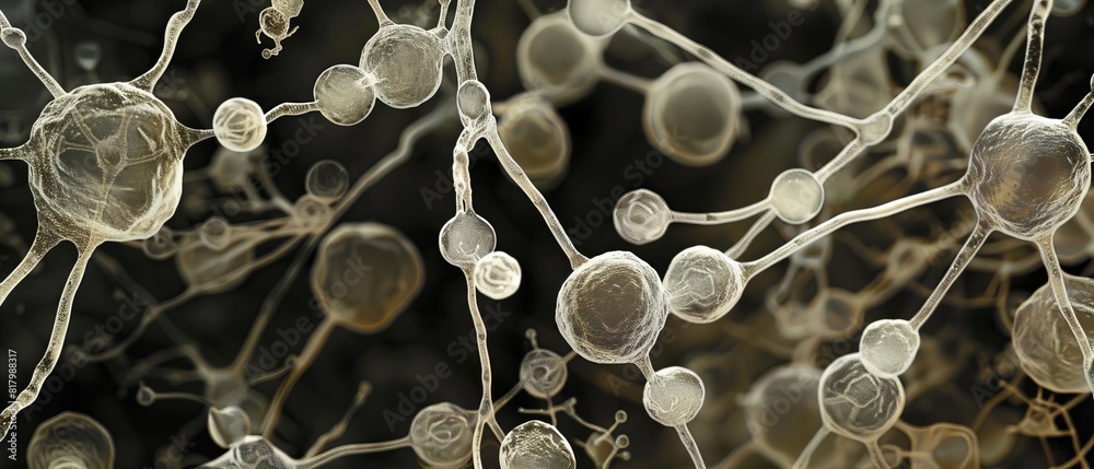 A scanning electron micrograph showing a chain of round, smooth yeast ...