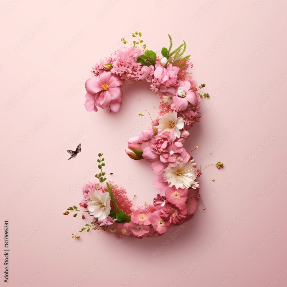 Number three made of pink flowers on pastel pink background. Flat lay ...
