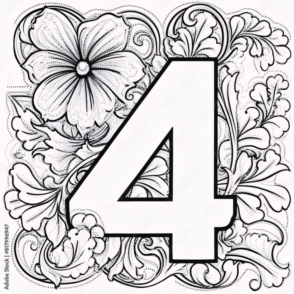 Floral number 4. Black and white vector illustration for coloring book ...
