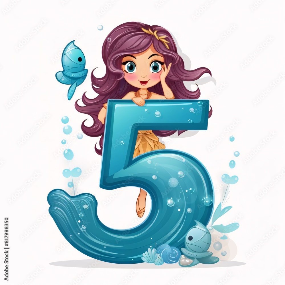 Cute little mermaid with number five. Vector cartoon illustration ...