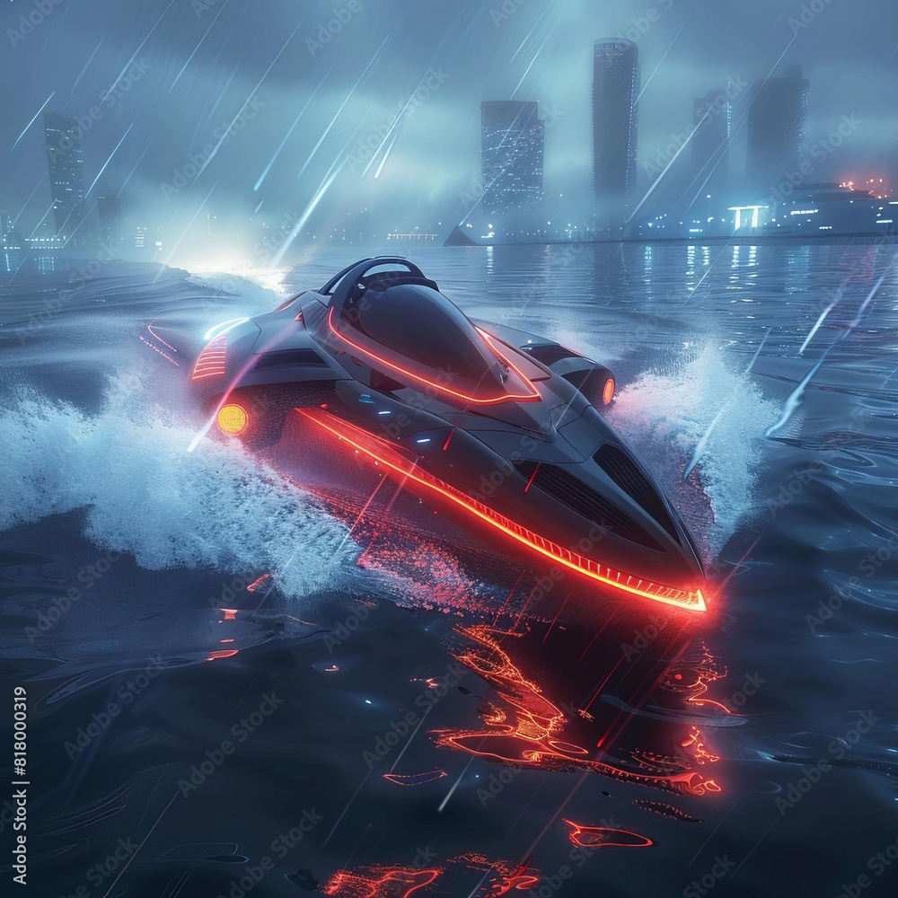 Water sports complex, side view, hydro jet racing with neon lights ...