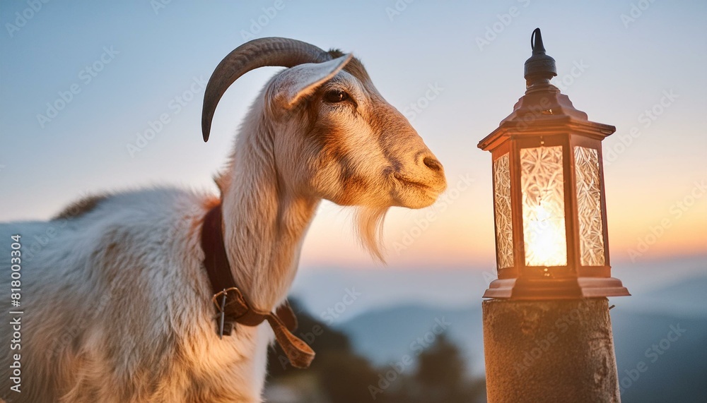 lantern on the beach at sunset, silhouette of a horse, goat in the ...