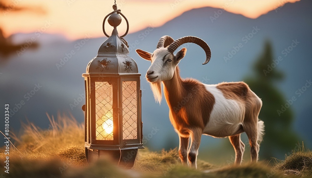 lantern on the beach at sunset, silhouette of a horse, goat in the ...
