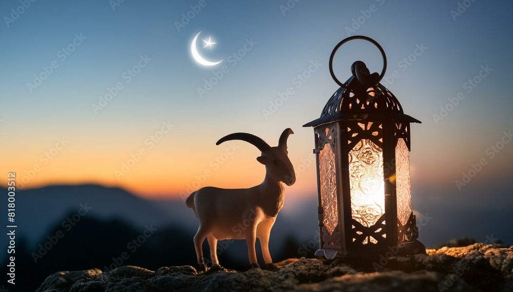 lantern on the beach at sunset, silhouette of a horse, goat in the ...