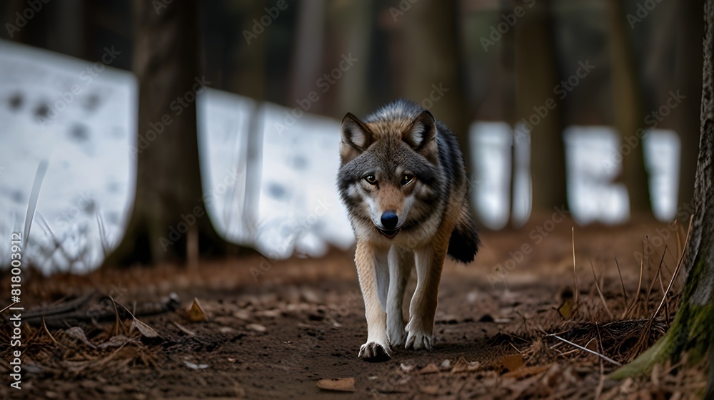 wolf in the woods Anger-filled lone wolf stalking along a forest trail ...