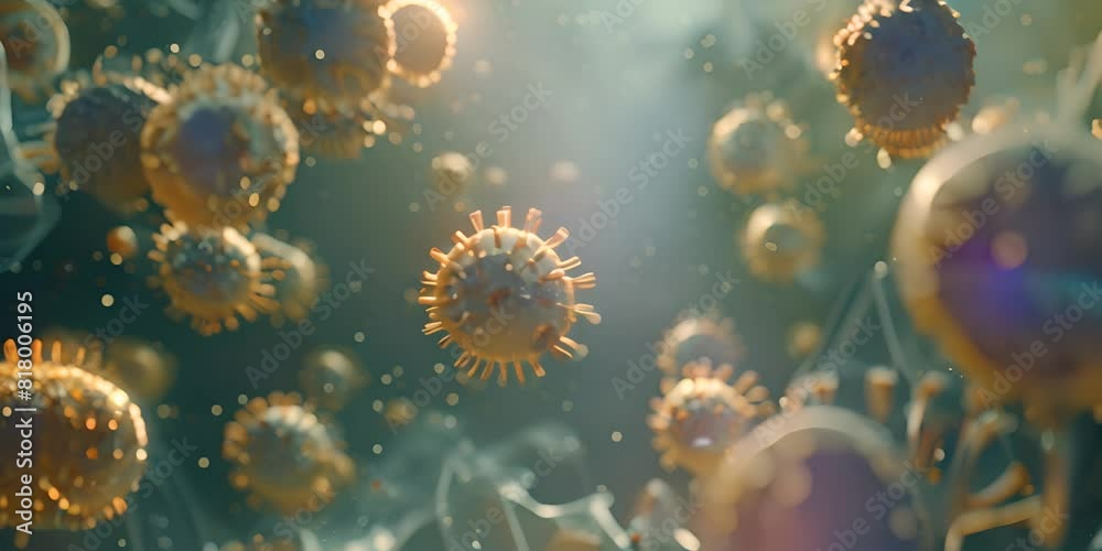 Microscopic view of virus particles in a dynamic, colorful environment ...