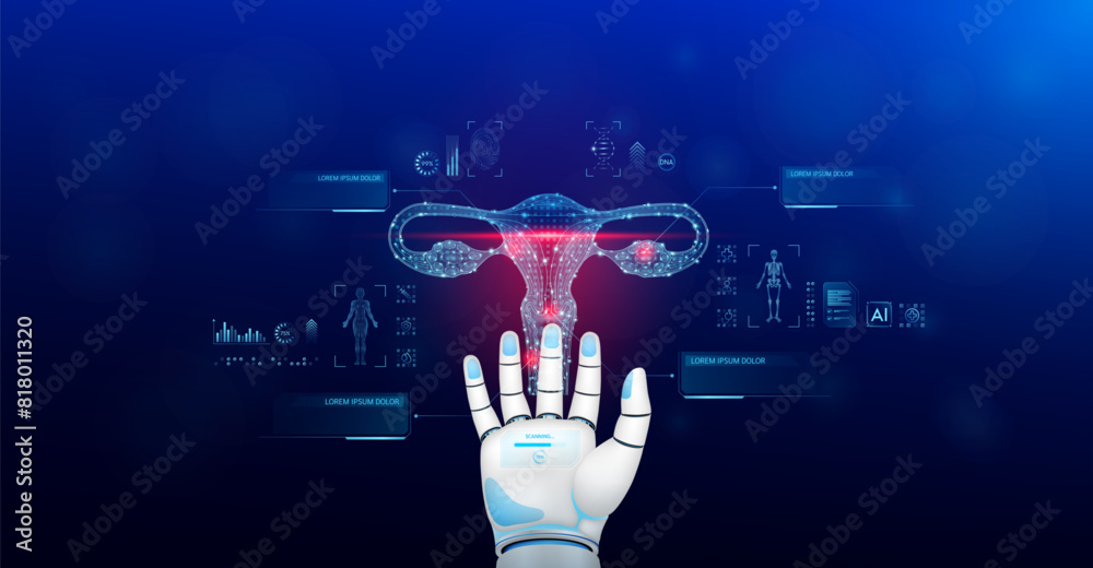 Female uterus scanning robot doctor diagnose disease on hand. Screen ...