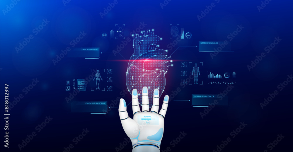 Heart scanning robot doctor diagnose disease on hand. Screen digital ...