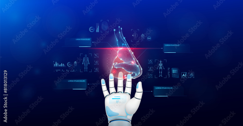 Nose scanning robot doctor diagnose disease on hand. Screen digital ...