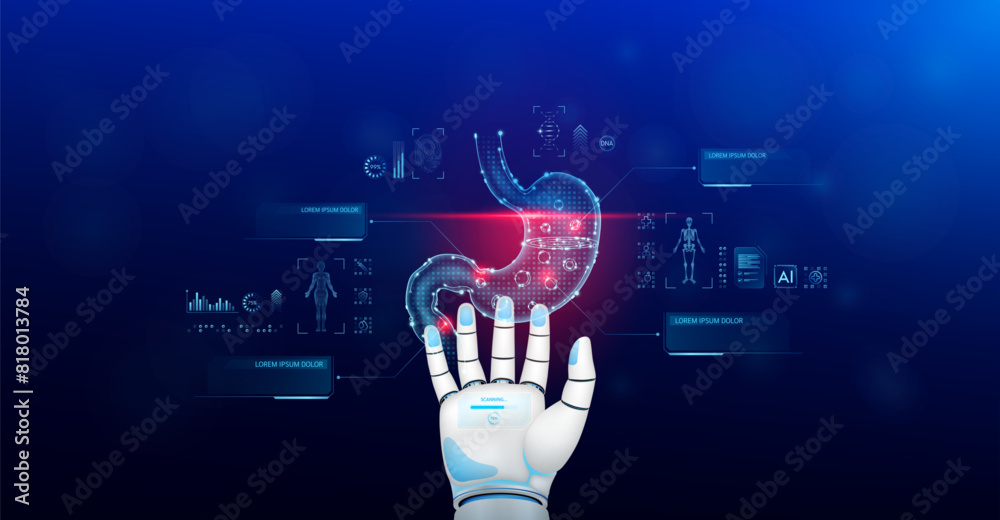 Stomach scanning robot doctor diagnose disease on hand. Screen digital ...