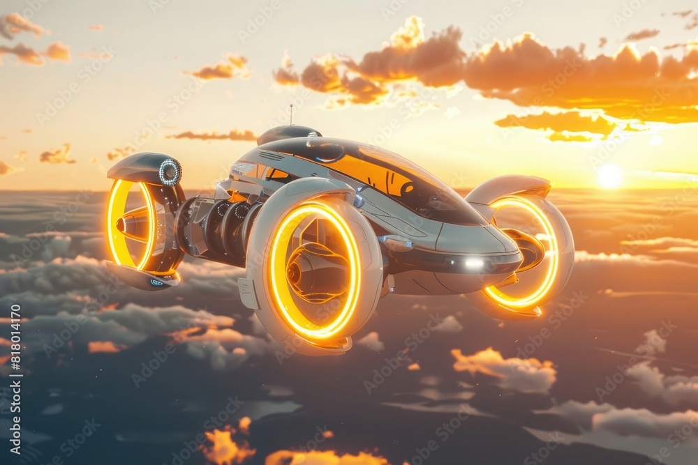 Futuristic flying car with four engine, white and yellow color , sunset ...