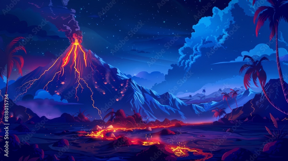 Cartoon illustration of a volcano spewing lava with palm trees in the ...