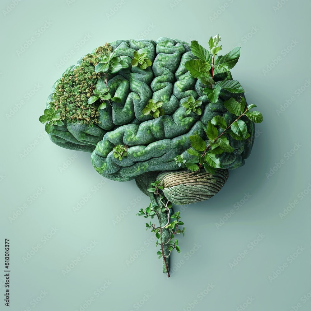 Human brain made of greenery on empty pastel background. Generative AI ...