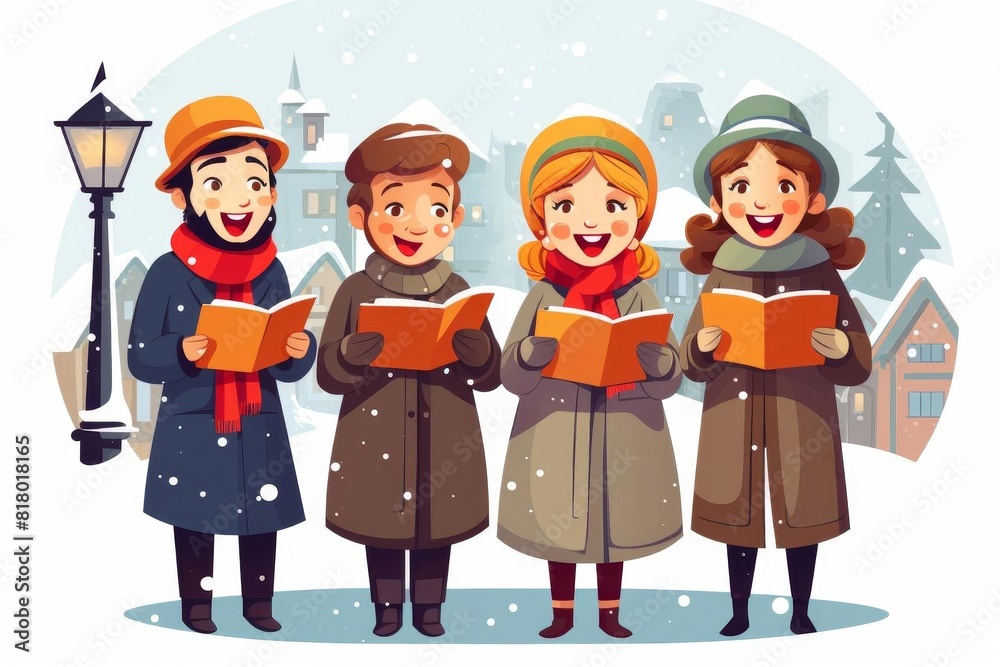 carol singers flat design front view neighborhood caroling theme ...