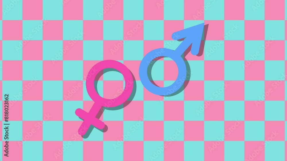 4k animation. Floating gender signs on pink and blue background ...