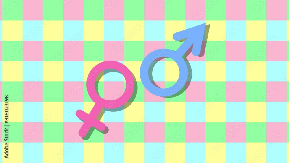 4k animation. Floating gender signs on pink, blue, yellow, green ...