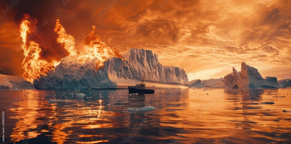 Iceberg on fire, global warming concept, ice shelf burning in the ...