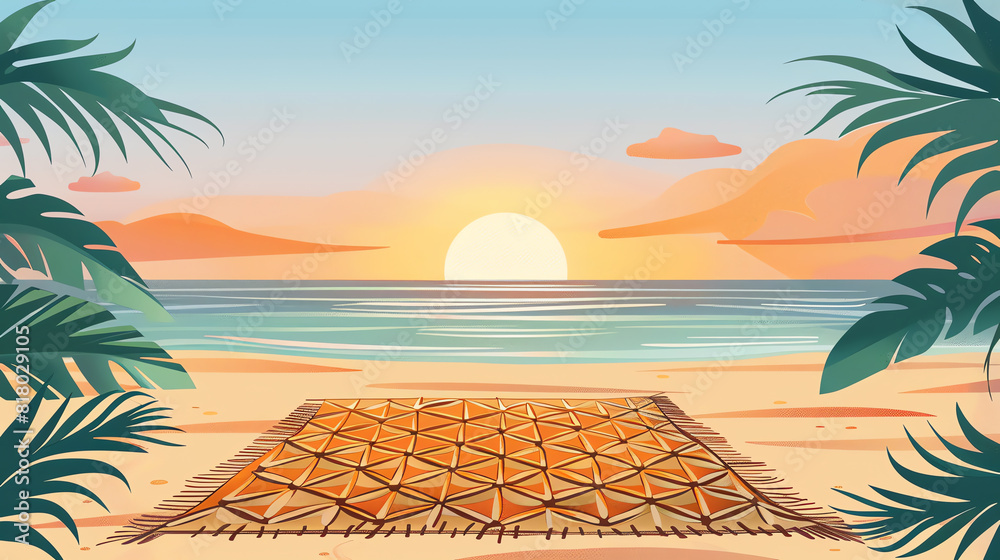 woven mat on the beach during sunrise flat design front view beach ...
