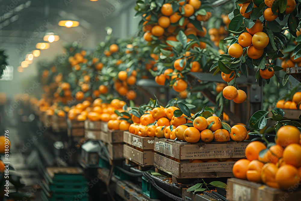The harvested orange crop is neatly packed in wooden boxes on the ...