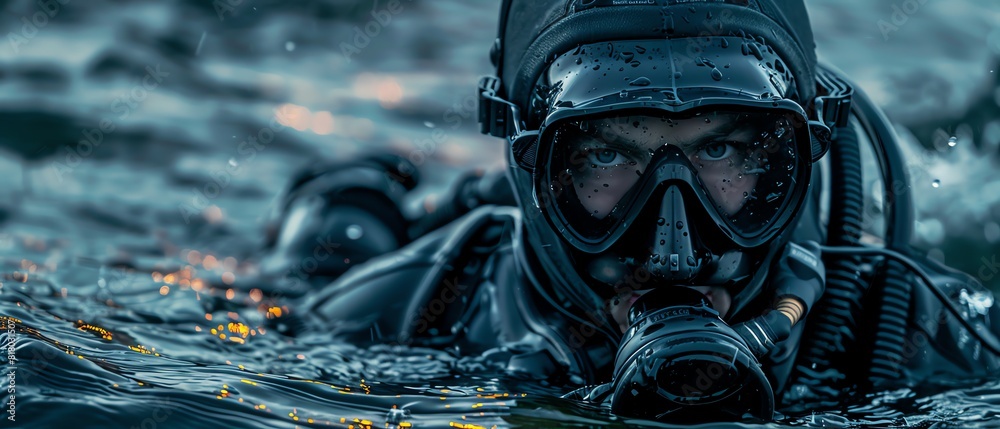 A Navy SEAL in full diving gear emerging from the water, close up ...
