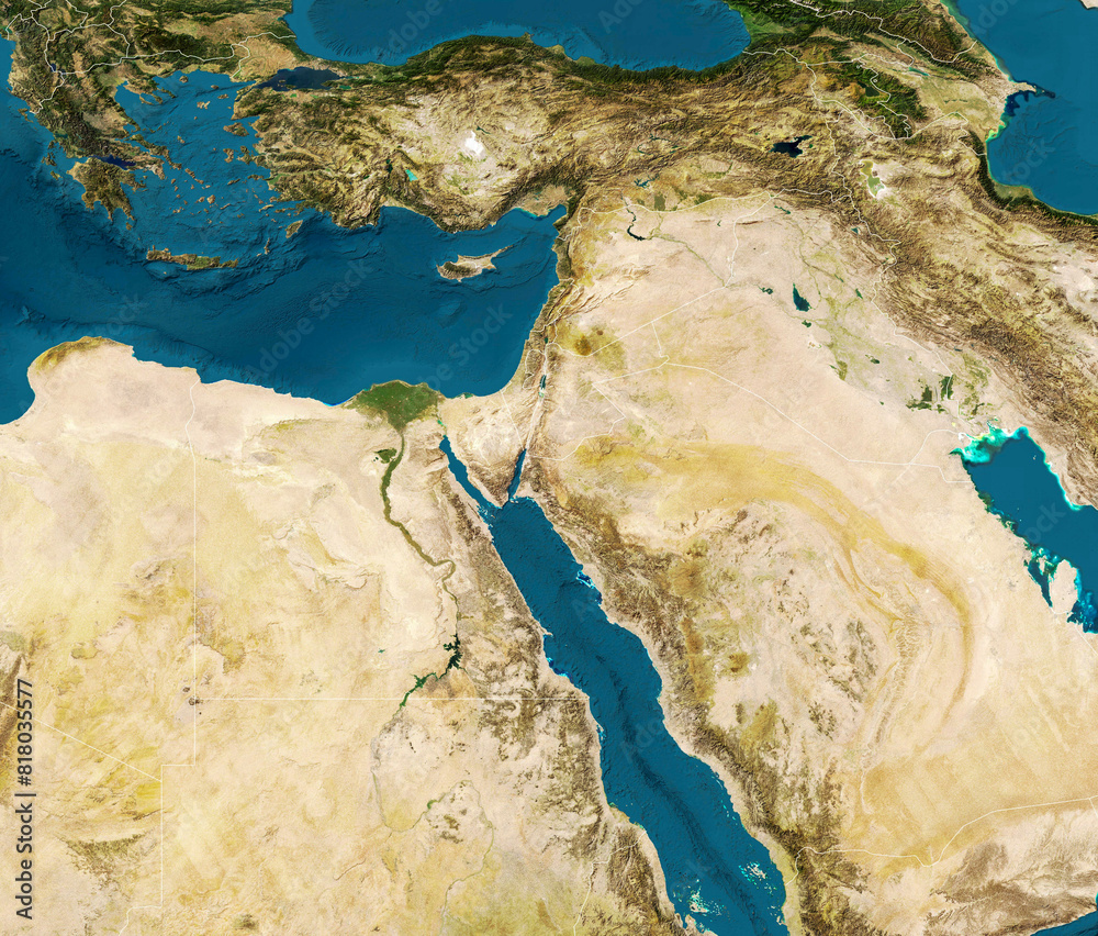 Physical map of the world, satellite view of the Middle East. Africa ...