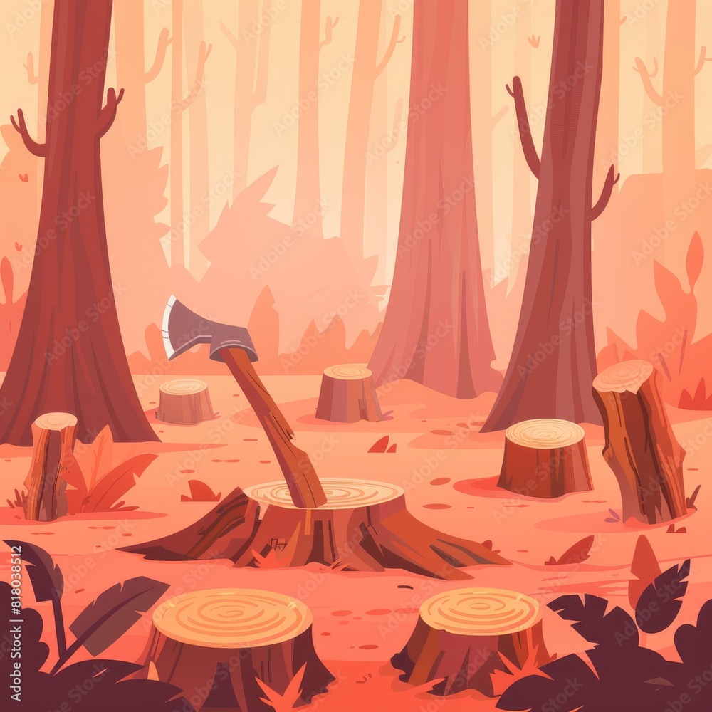 Deforestation scene with stumps and an axe, cartoonish and bright, flat ...