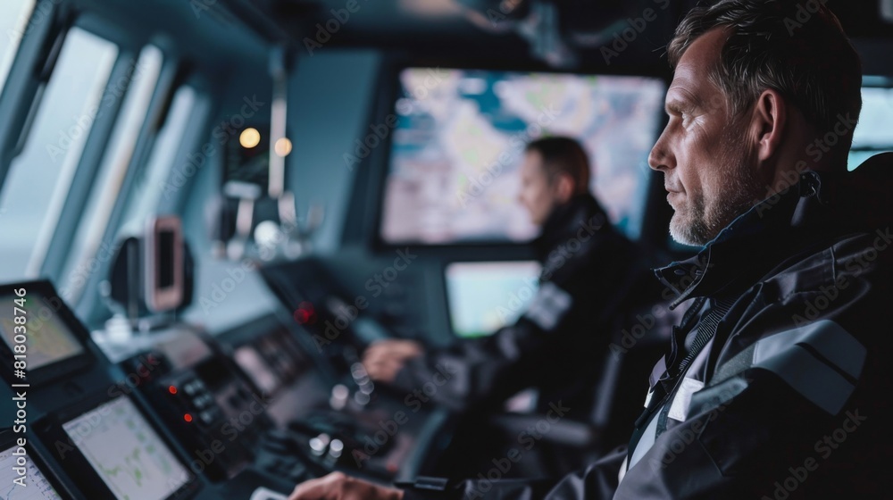 Illustrate a scene of ship captains consulting weather data on digital ...