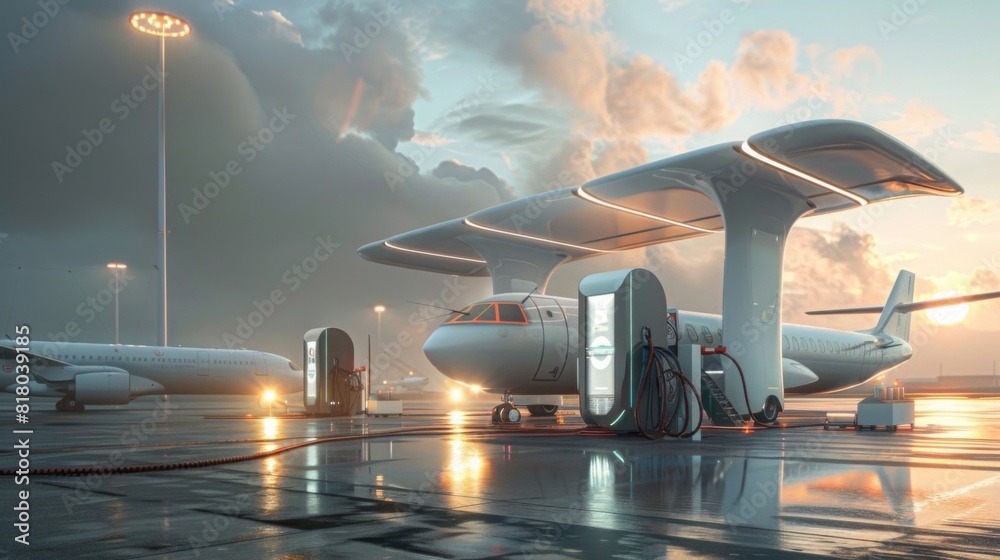 Illustrate an aircraft being fueled with alternative energy sources ...