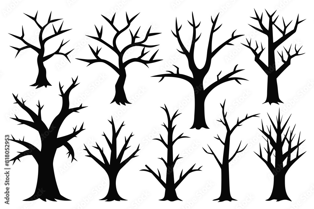 Set of Silhouette of a dead tree vector illustration. Illustration of ...
