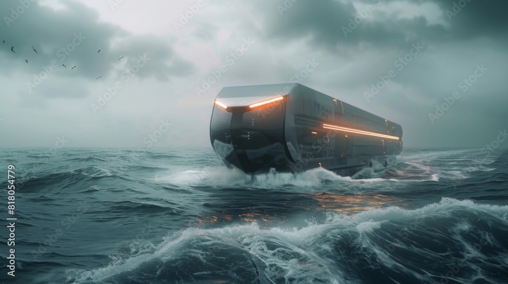 Render a futuristic scene of an unmanned cargo vessel sailing ...