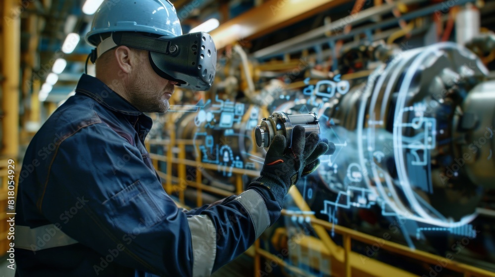 Render a scene of engineers wearing AR headsets performing maintenance ...
