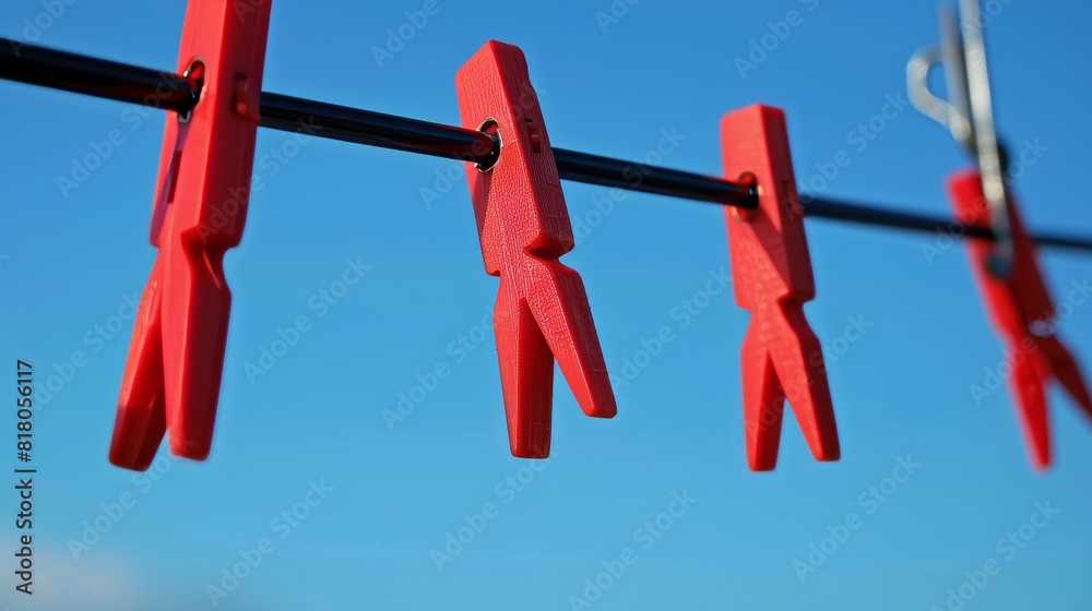 Bright red clothes pegs on a black clothesline, stark contrast with the ...