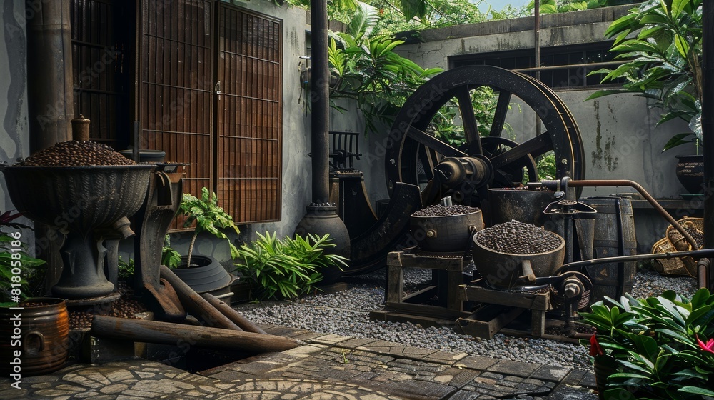 Antique coffee mill with a water wheel, giant coffee beans, grinding ...