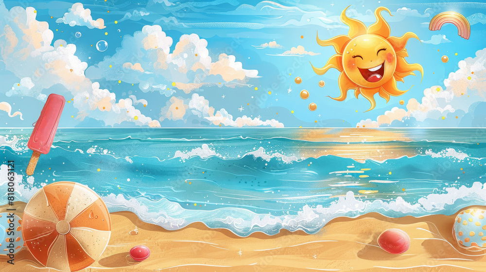 summer clipart set with sun, beach ball, and popsicle on a sandy beach ...