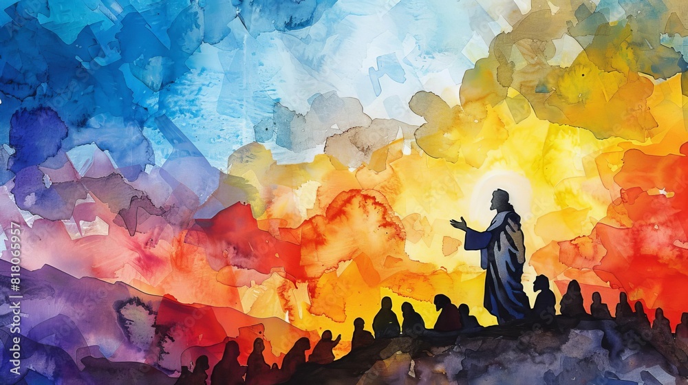 jesus preaching on mountain silhouette watercolor painting ministry of ...