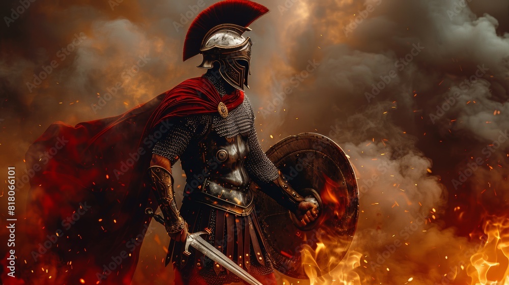 Poster, Foto Ancient Greek warrior in armor with helmet and red cape ...