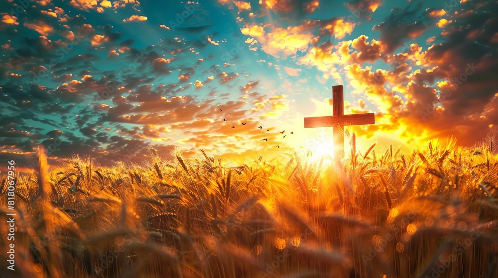 glowing christian cross in a golden wheat field at magical sunset ...