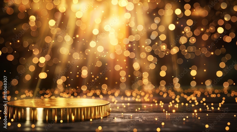 golden light rays on stage with sparkling bokeh luxurious award ...