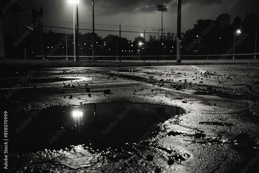 Reflective Night at an Empty Baseball Field with Rain Puddles Stock ...