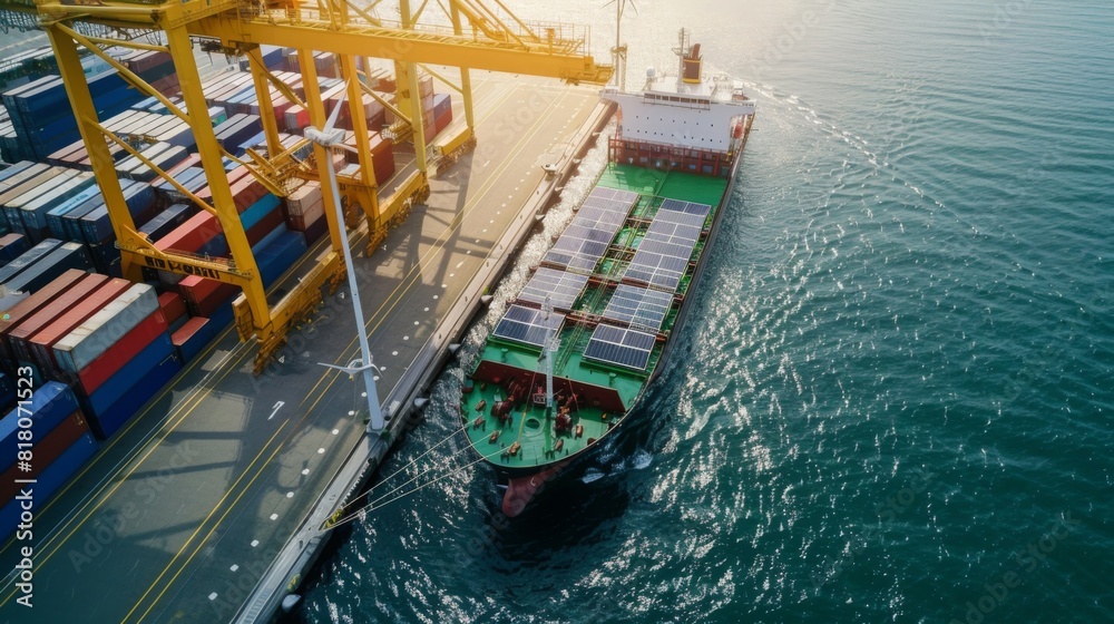 Showcase a hybrid-powered cargo ship docking at a port, with renewable ...