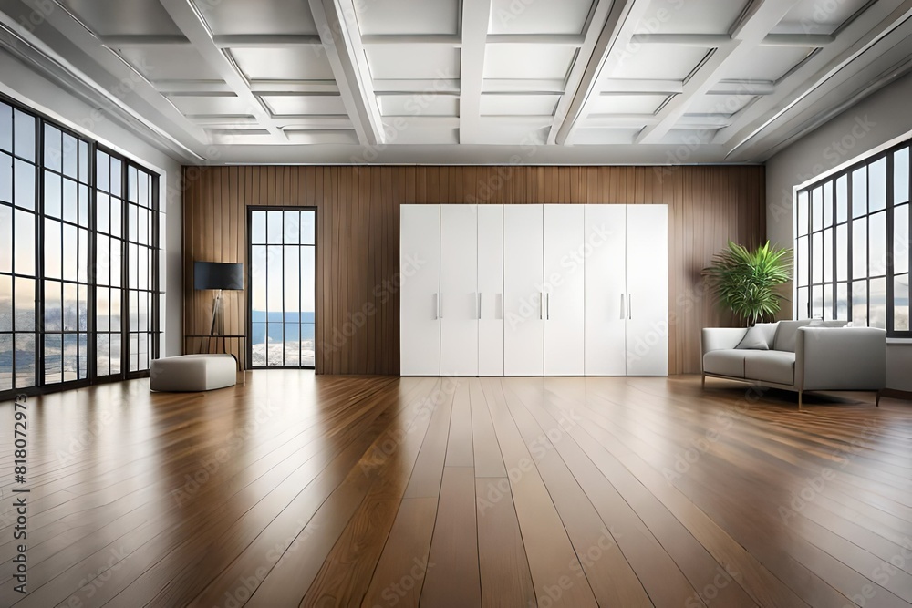 **Empty room interior design, white panel and wooden blank floor ...