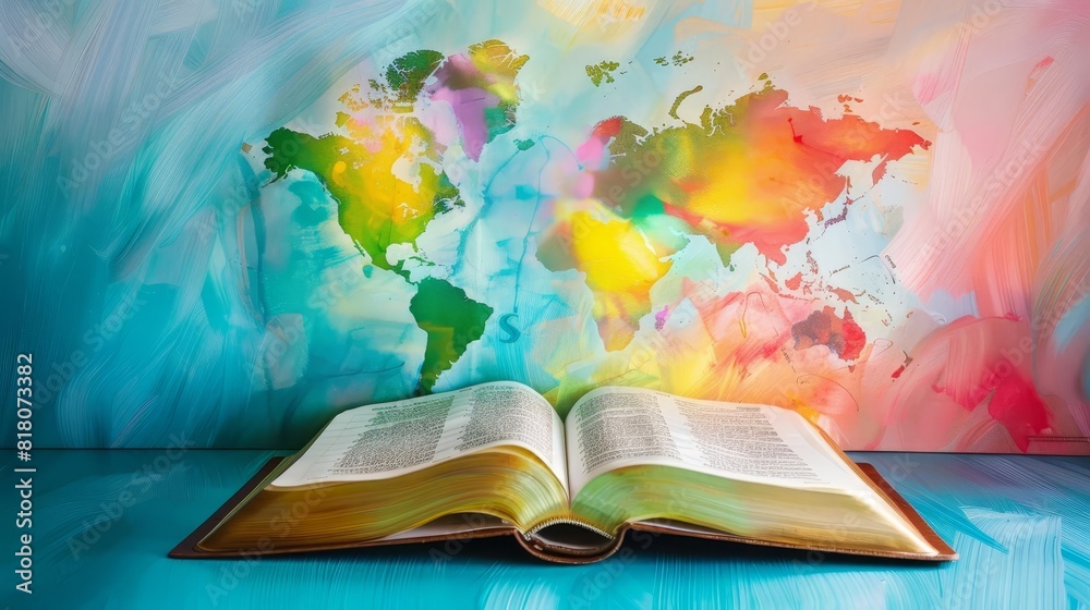 inspiring illustration of an open bible with a colorful world map ...