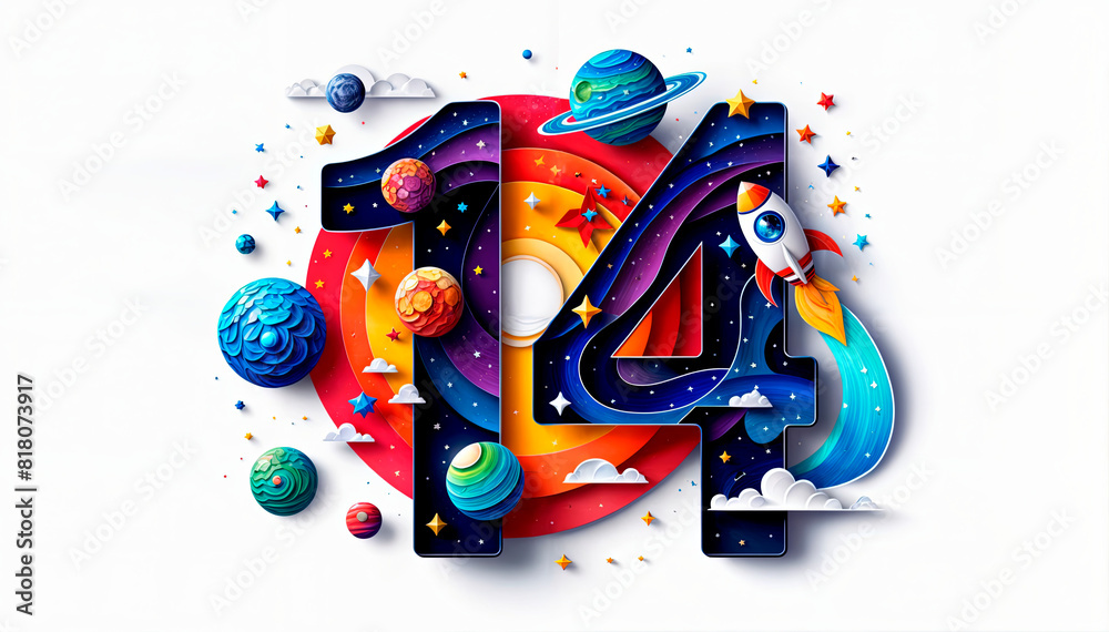 Number “14” in a vibrant space-themed design featuring planets, stars ...