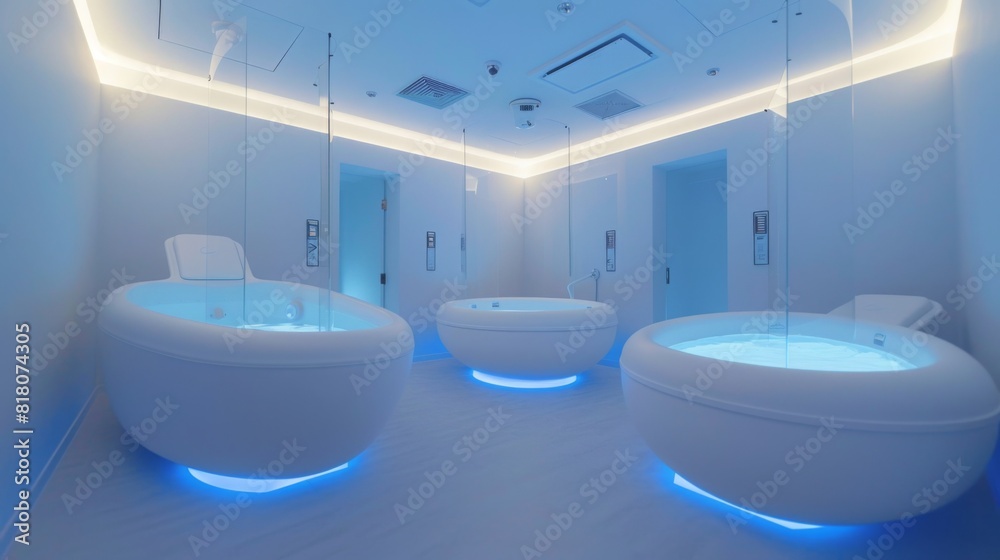 Three futuristic sensory deprivation tanks glow with blue neon lights ...