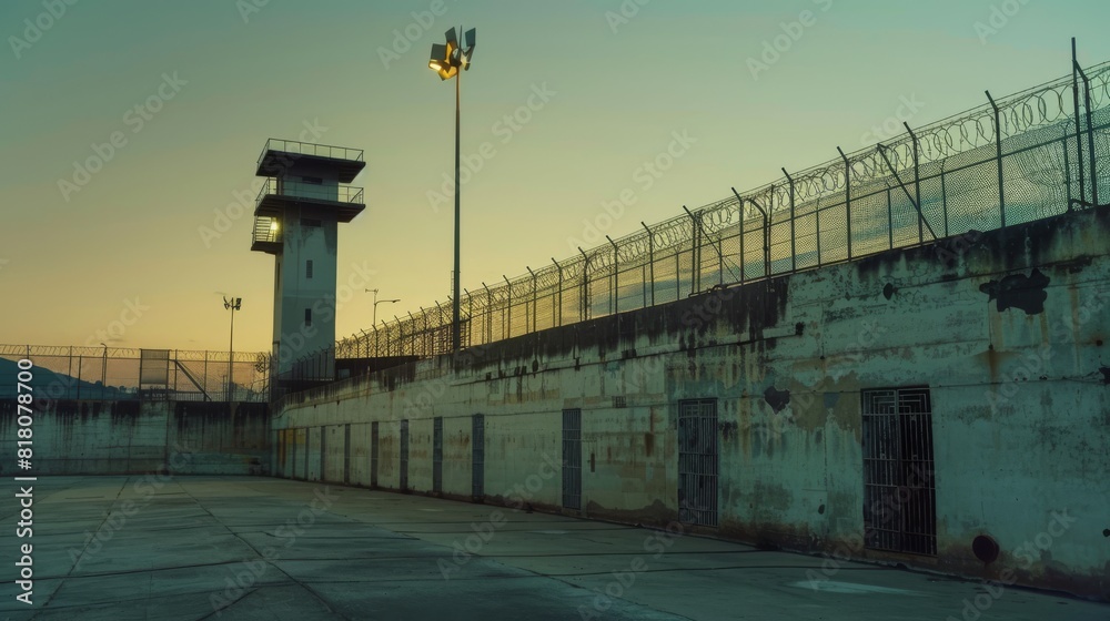 The facade of a prison with tall fences and security measures, taken in ...